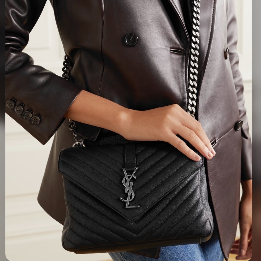 Ysl Saint Laurent College Medium Quilted Textured-Lea… - Gem